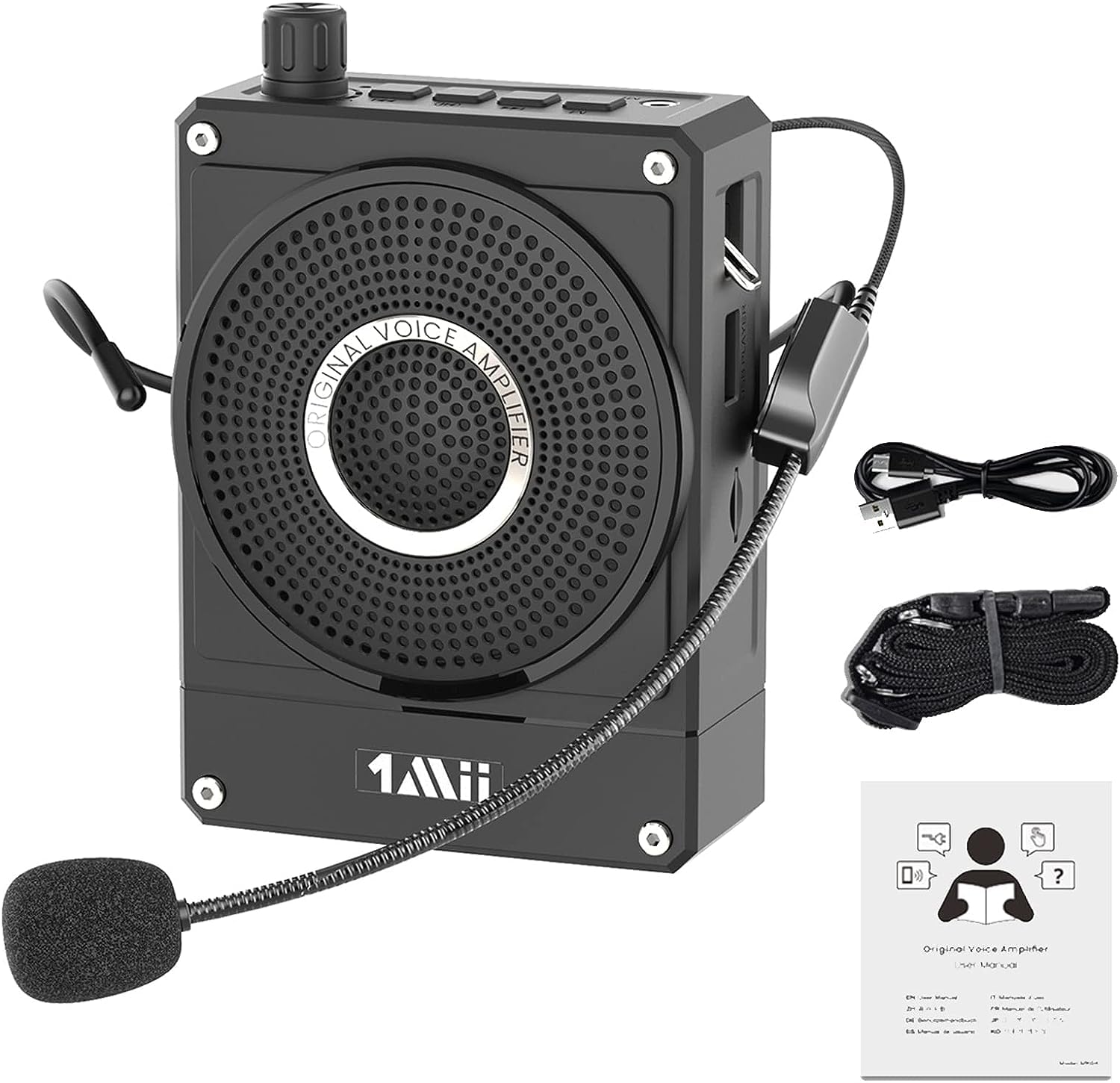 1Mii Voice Amplifier with Portable UHF Wireless Microphone Headset, 10W 1800mAh Large Capacity Rechargeable PA System for Multiple Locations Such as Yoga, Meetings, Tour Guides MK04