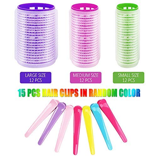 36 Pcs Self Grip Hair Roller Set in 3 Sizes and 15 Pcs Plastic Duck Teeth Bows Hair Clips, Self Holding Rollers Salon Hairdressing Curlers for Hair Styling (44mm + 36mm + 25mm)