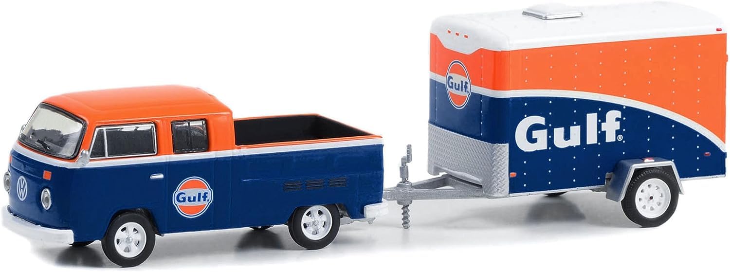 1975 T2 Type 2 Double Cab Pick-Up Truck Blue and Orange with Small Cargo Trailer Hitch & Tow Series 28 1/64 Diecast Model Car by Greenlight 32280B