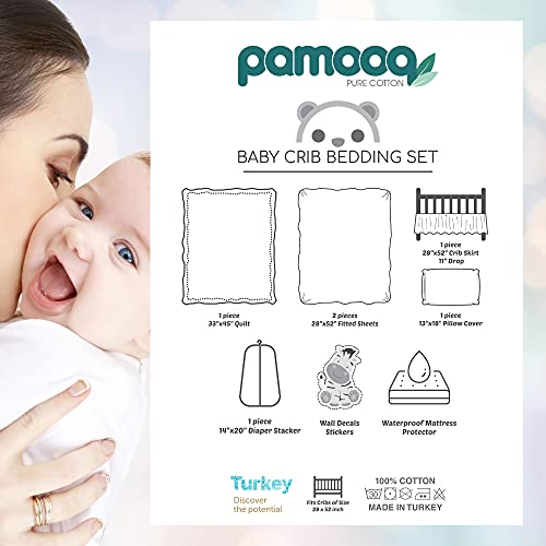 PAMOOQ 100% Cotton Crib Bedding Set | 8-Piece Baby Bedding Crib Set | Jungle Safari Design Nursery Crib Set | Premium Turkish Cotton | Woodland Collection | Includes Mattress Protector