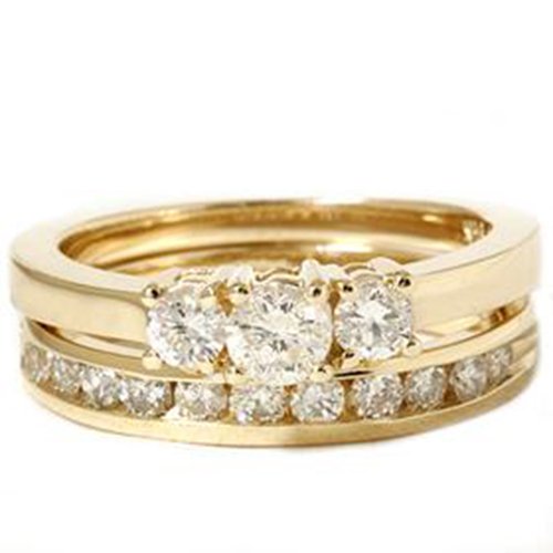 14k Yellow Gold 1ct Diamond Engagement Wedding Ring Set 3Stone Channel Set Round - Size 9