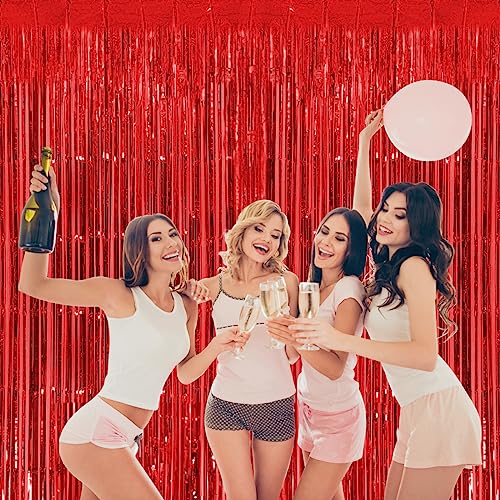 3 Pack Red Thicken Foil Fringe Curtains Decorations 3.2x8.2ft, Photo Backdrop for Birthday Bachelorette Bridal Shower Baby Shower Graduation Party, Party Streams Decor