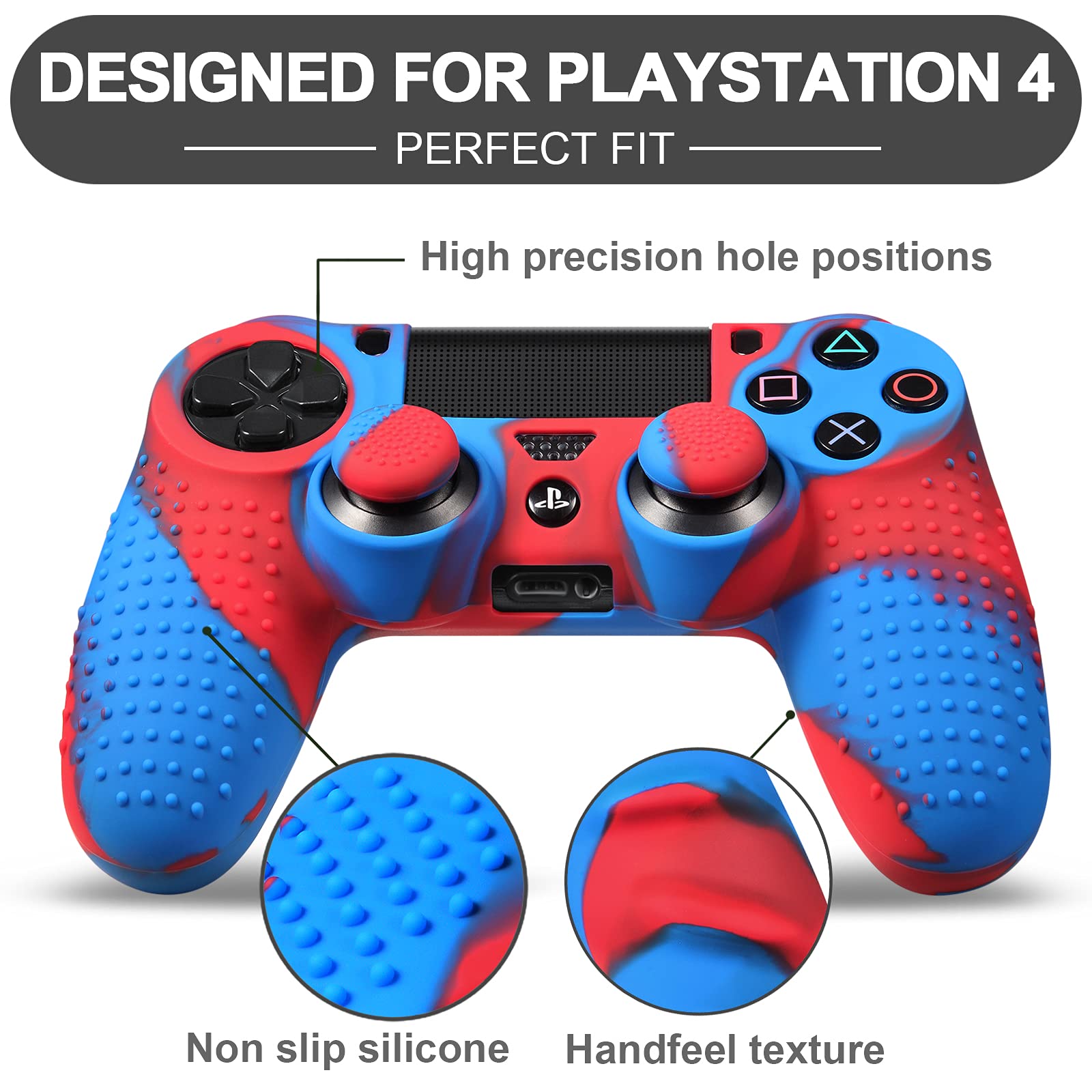 2 Pack Studded Anti-Slip Silicone Cover Skin for Sony PS4 DualSense Controller, Soft Rubber Case for Playstation 4 Wireless Controller with 10 x Pro Thumb Grip Caps (Camo Green Brown,Camo Red Blue)