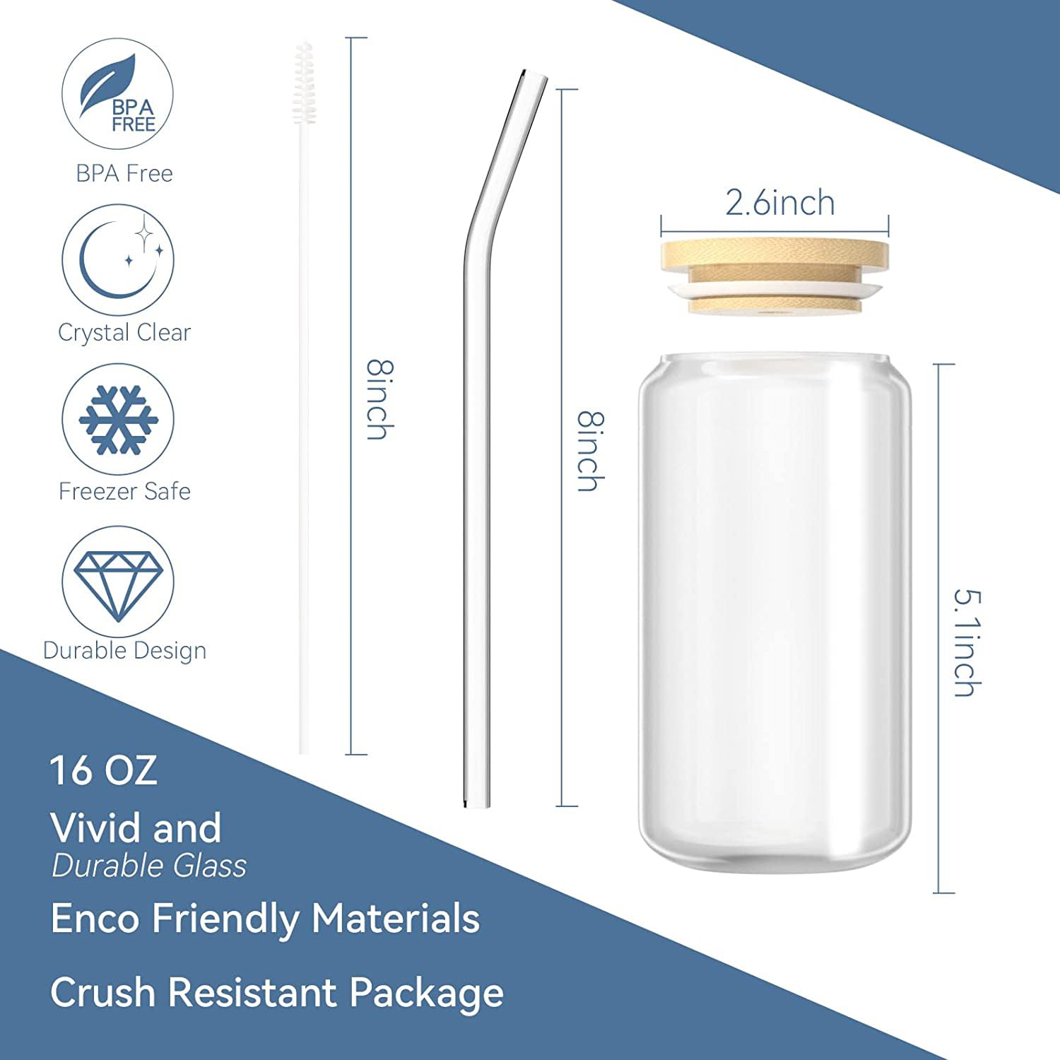 12pcs Glass Cups with Bamboo Lids and Glass Straws Set-16oz Can Shaped Drinking Glasses, Beer Glasses, Iced Coffee Glasses, Cute Tumbler Cup, Ideal for Whiskey,Cocktail,Wine,Gift-2 Cleaning Brushes
