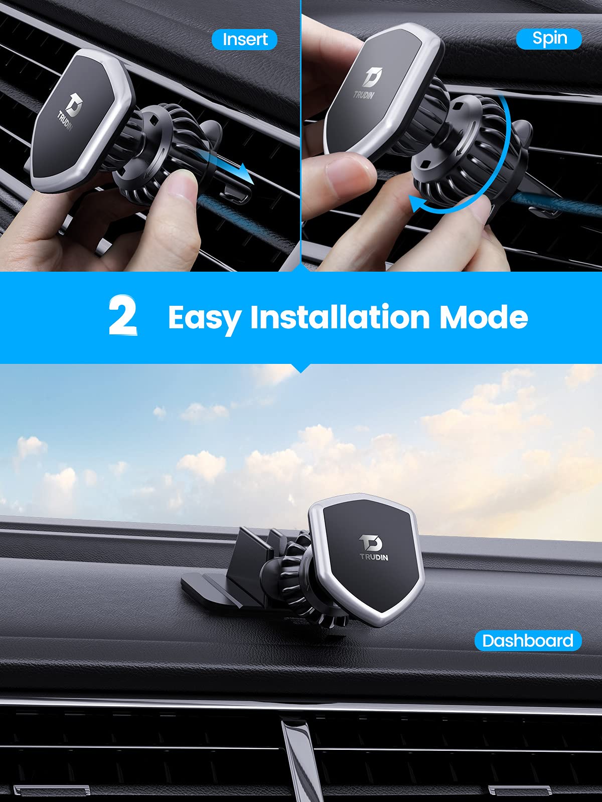 TRUDIN Magnetic Phone Holder for Car 2022 Upgraded,【Ultra Sturdy Vent Hook】 Hands-Free Car Phone Holder Mount【Sharp Turns & Bumpy Roads Friendly】 Compatible with iPhone, Samsung, All Smartphones
