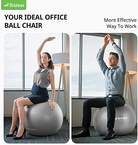 Trideer Extra Thick Yoga Ball Exercise Ball, 5 Sizes Ball Chair, Heavy Duty Swiss Ball for Balance, Stability, Pregnancy, Physical Therapy, Quick Pump Included (Gray, XL (68-75cm))