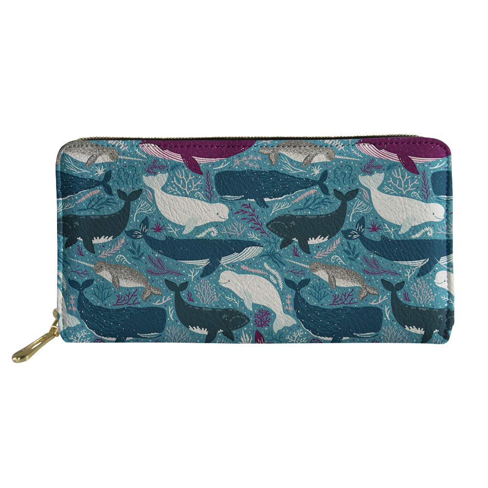 Alemiu Trendy Whale Design Green Long Wallets Leather Purse for Womens Travel Casual Handbag Clutch Money Clip Zip Around