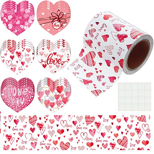 33ft Valentine Heart Bulletin Board Borders Valentine's Day Borders with 24 Pieces Hearts Mini Cutouts and 24 Glue Point Dots, 6 Patterns for Classroom Decoration Valentine's Day