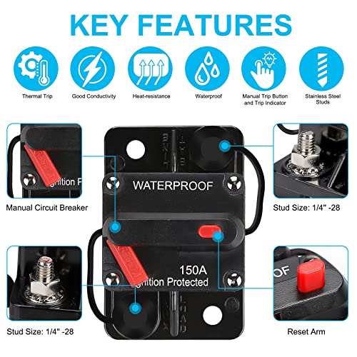 150 AMP Fuse Holders,Audio Circuit Breaker,Reset Fuse Inverter, 12V-48V DC Fuse Holder,Replace Fuses,with Reset Button,for Automotive Marine Boat Audio System Current Overload Protection