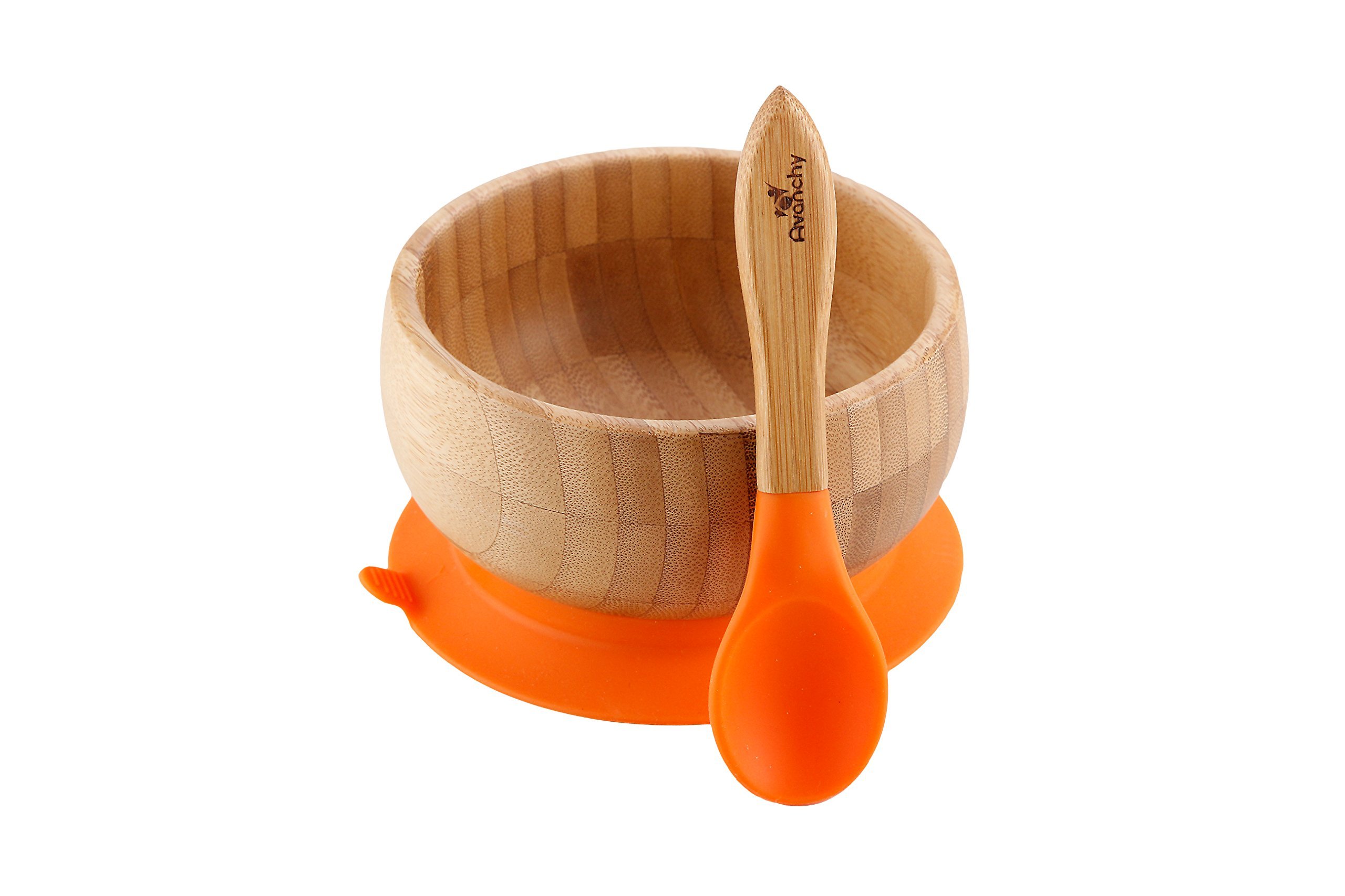 Avanchy Bamboo Baby Bowl + Baby Plate + 2 First Stage Spoons. Removable Suction Bottoms.