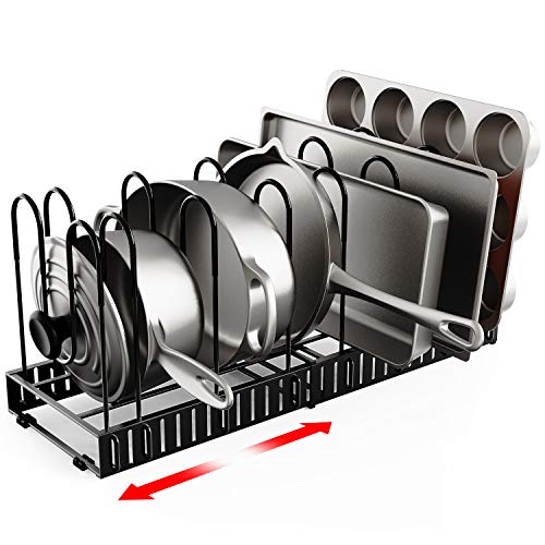 GeekDigg Pot Organizer Rack for Cabinet, Adjustable and Expandable 8+ Pans Pots Lid Organizer Rack Holder, Cabinet Pantry Countertop Bakeware Organizer