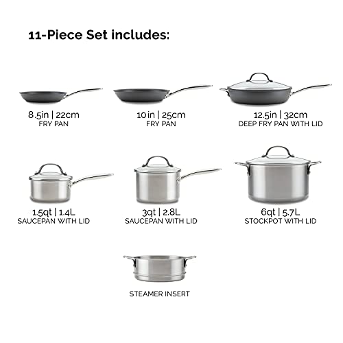 Rachael Ray Professional Stainless Steel/Hard Anodized Nonstick Cookware Pots and Pans Set, 11 Piece, Gray and Silver