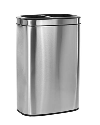 Alpine Industries 40 Liter / 10.5 Gal Stainless Steel Dual Compartment Trash Can - Compact Garbage Bin - Wide Open Top Slender Durable Receptacle with Sturdy Plastic Liner