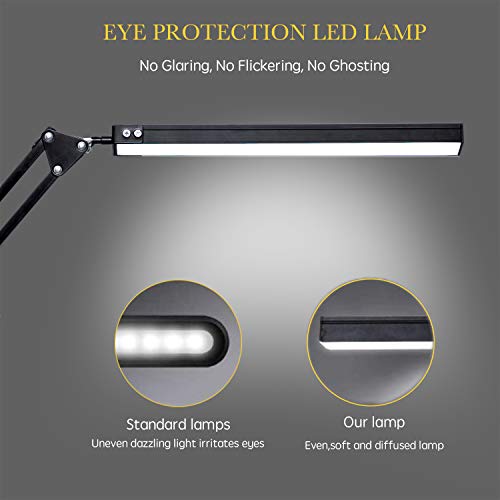 LED Desk Lamp, Adjustable Swing Arm Lamp with Clamp, Eye-Caring Reading Desk Light, 10 Brightness Levels, 3 Lighting Modes, Memory Function Desk Lamps for Home Office with Adapter (Black)