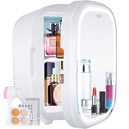 Cegsin Mini Fridge, 5 Liter/8 Cans Small Skincare Fridge with LED Mirror Door, AC/DC Portable Mini Refrigerator for Cosmetic & Makeup, Plug In Cooler and Warmer for Bedroom, Dorm, Office, Car(White)
