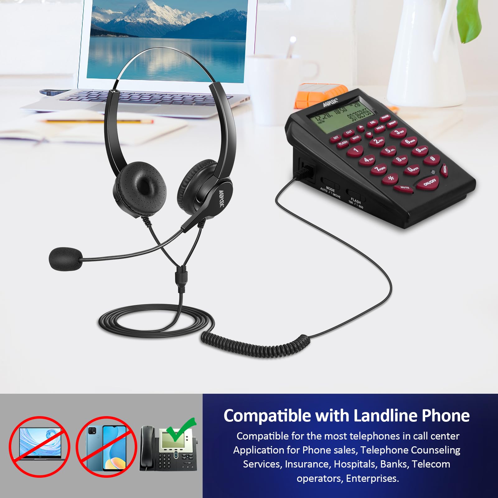 AGPtEK Upgraded Call Center Phone, Corded Telephone with Binaural Headset & Dialpad for House Call Center Office - Noise Cancellation