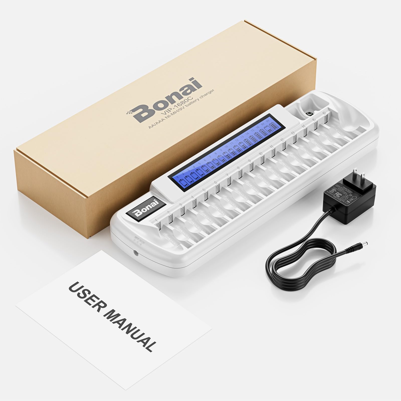 Bonai 16+2 Bay AA AAA 9V Battery Charger for NiMH NiCD Rechargeable Batteries Independent Control with Smart LCD Display and AC Wall Adapter, Battery not Included - White
