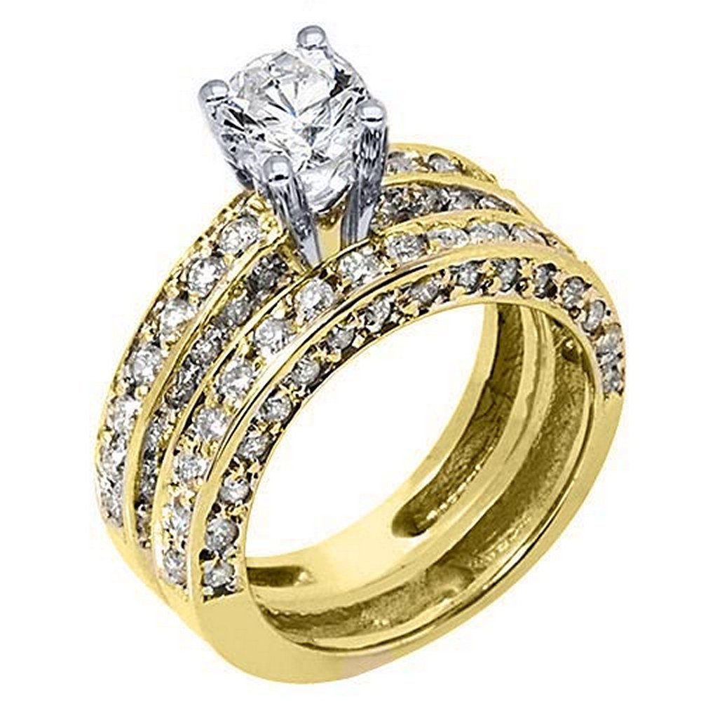 14k Yellow Gold Round & Pave Diamond Engagement Ring Wedding Band Set 2.31 Carats