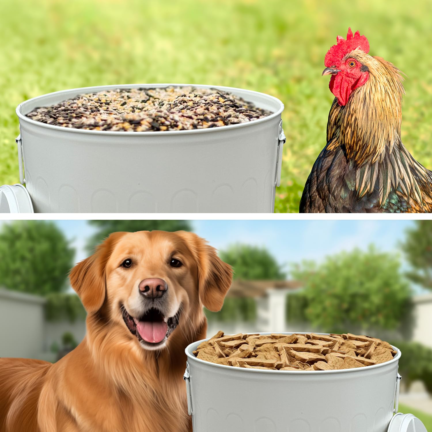 20-Gallon Beige Galvanized Steel Round Trash Can with Lid Powder Coated Metal