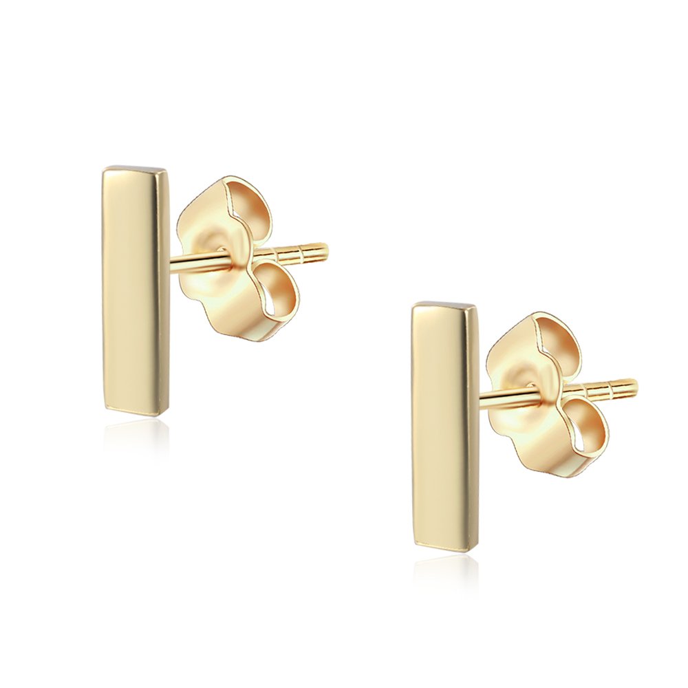 14K Gold Plated Dainty Tiny Bar, Ball, Trio Ball, Delta, Circle Disc and Heart Stud Earrings (Bar - Gold)