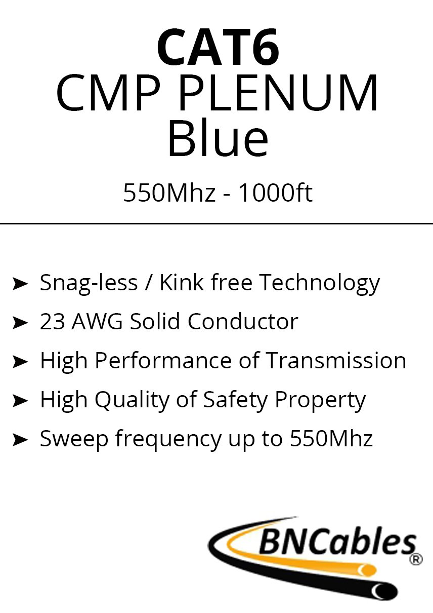 550MHZ CAT6 Plenum Cable 1000ft Blue, 23AWG 4Pair, Solid Network Cable Unshielded Twisted Pair (UTP), Available in Blue, White, Yellow, Gray, Purple, Green & Black (Blue)