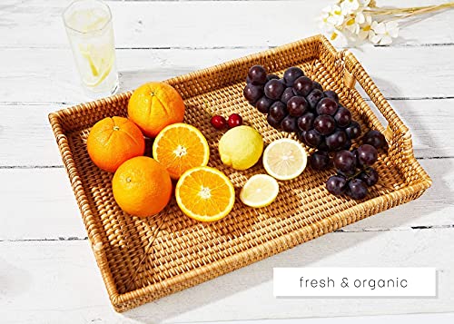 Large Rattan Tray with Rattan Coasters - Premium Flat Rectangular Serving Tray with Handles, Wicker Basket Tray 17''x11.4''x2'' Hand Woven Decorative Bed Tray for Coffee Table, Boho Tray by LYSCO