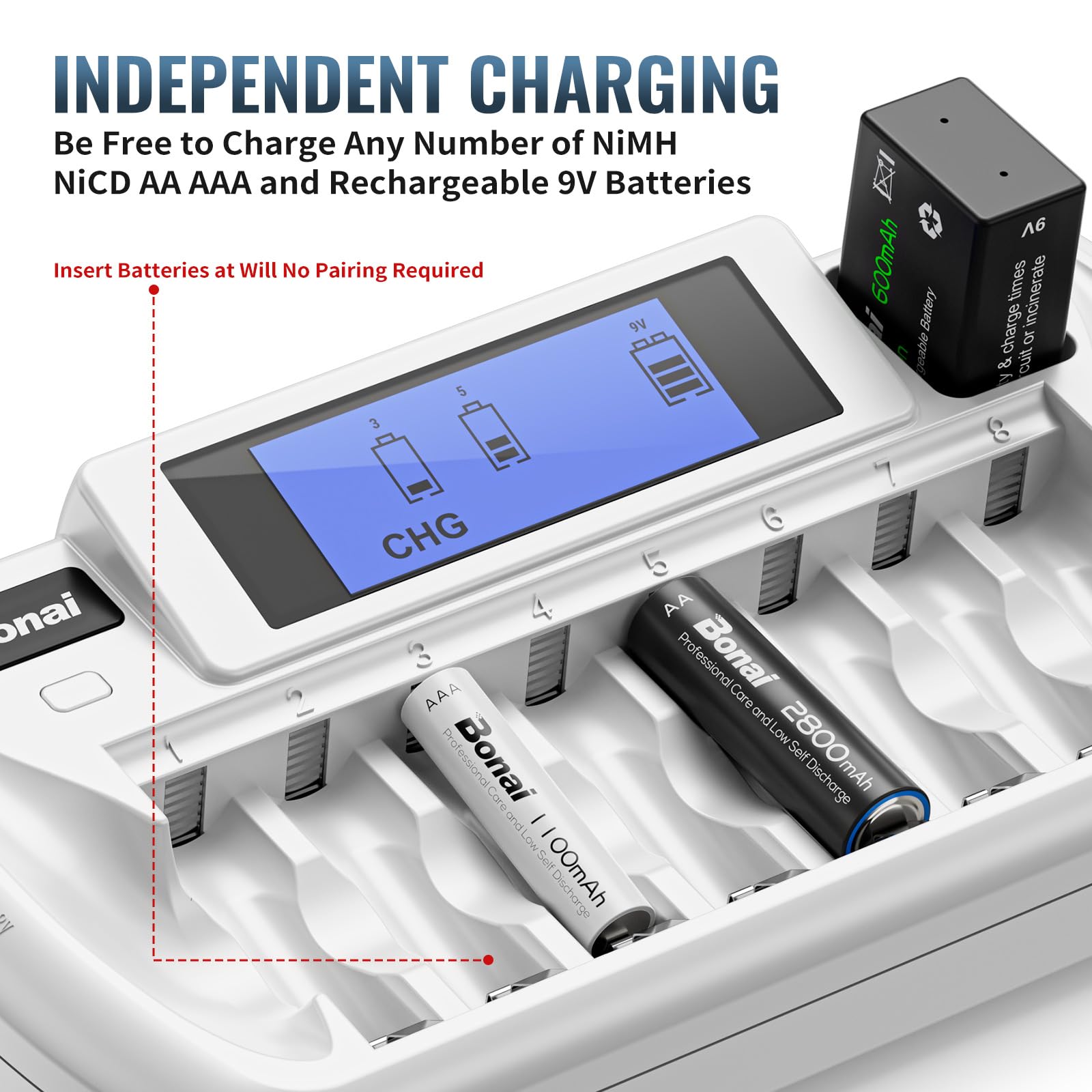 BONAI 8+1 Bay Battery Charger with LCD Display for AA AAA NiMH NiCd 9V Rechargeable Batteries with 9V Lithium Rechargeable Batteries 600mAh High Capacity Long-Lasting & Economical 4 Pack