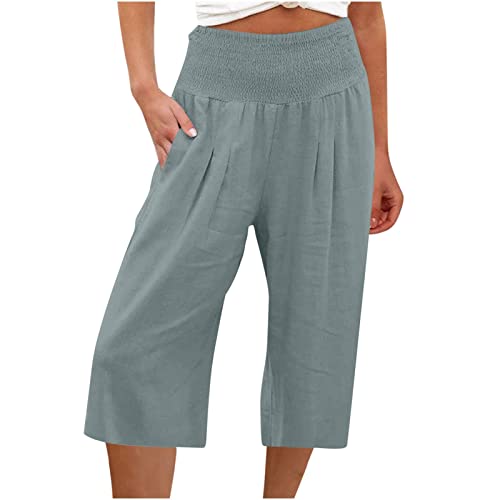 2 Piece Pants Set for Women Capri Pants Casual Summer Smocked Elastic High Waisted Linen Pant Solid Loose Wide Leg Capris Trousers
