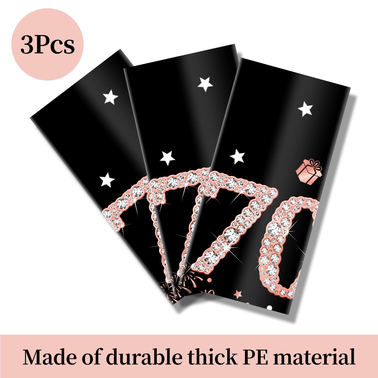 3 Pack 70th Birthday Tablecloth Decorations for Women, Rose Gold Happy Seventy Birthday Theme Table Cover Party Supplies, 70 Year Old Birthday Plastic Disposable Rectangular Table Cloth Decor