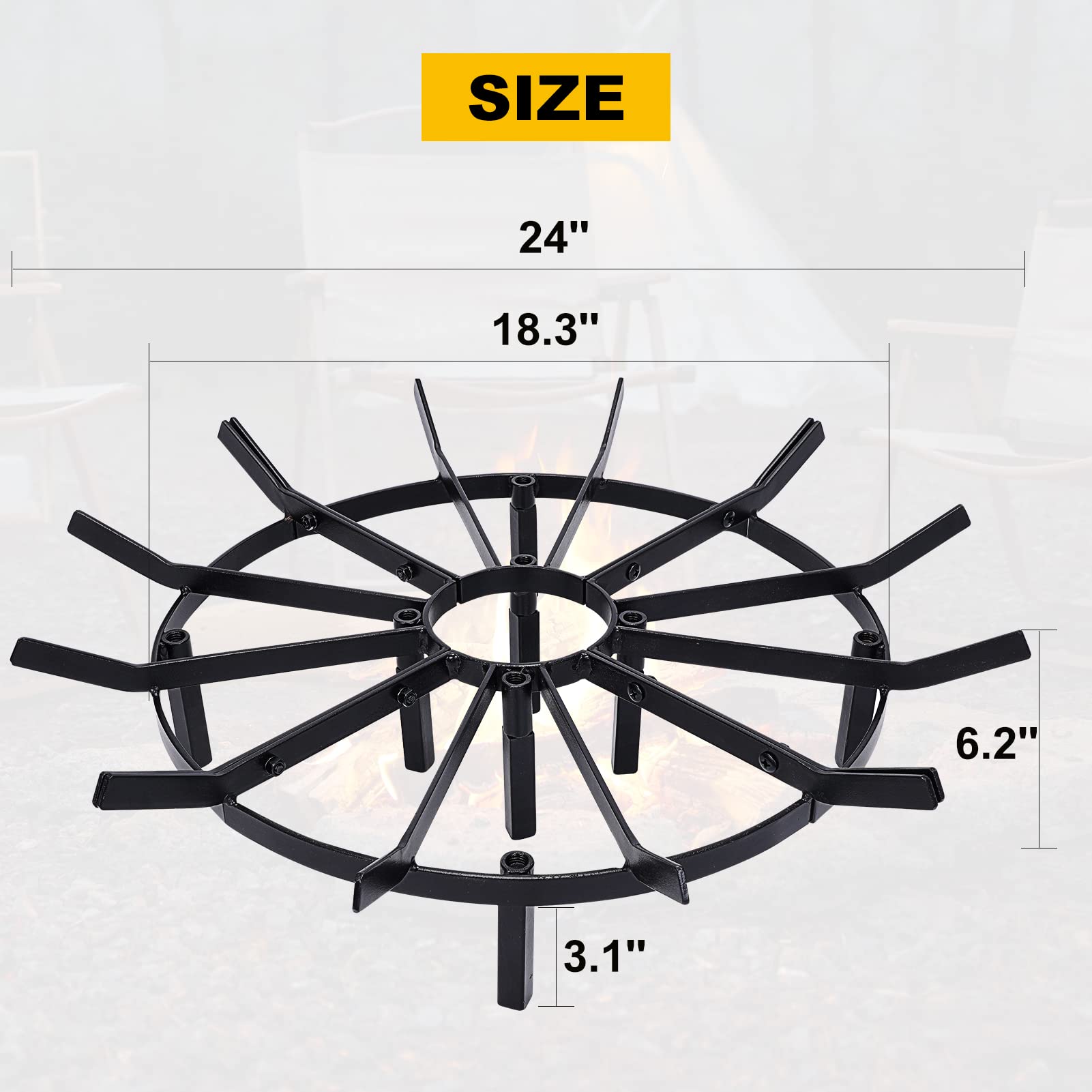 1MORE Fire Pit Grate Log Grate, Fireplace Grate 24 inch Heavy Duty, Round Fireplace Grates, Wood Stove Burning Rack Holder, Firewood Grate for Fire Pit & Backyard Patio, Outdoor Camping Hearth.