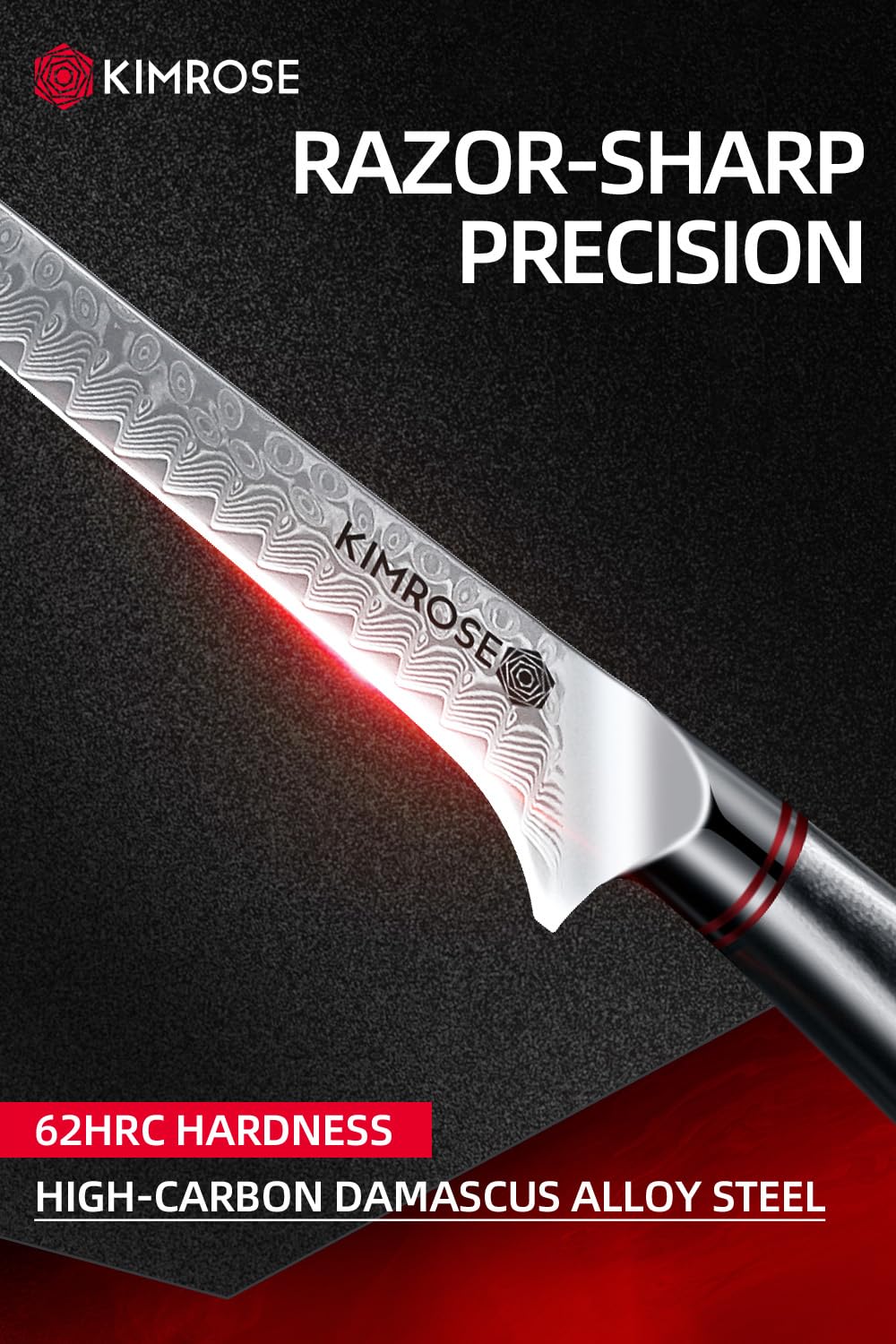 KIMROSE Damascus Boning Knife - 6 inch - 67 Layers 10Cr15CoMoV Alloy Steel - Black G10 Handle, Razor Sharp Kitchen Fillet Knife, Meat Cutting, Trimming, Magnetic Sheath, Gift Box