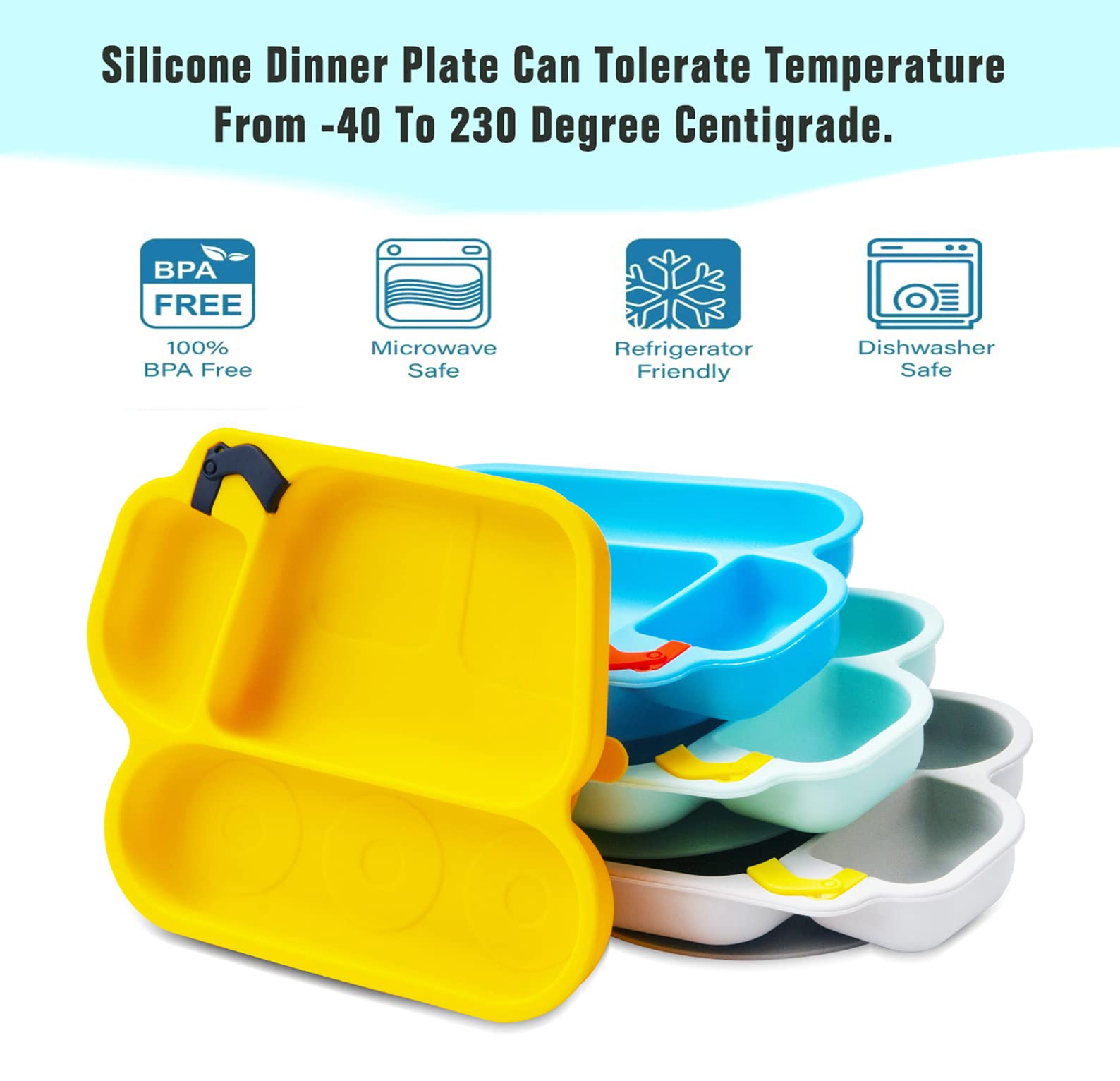 Baby Plate Silicone Divided, Suction Toddler Plates Dishes for Toddler Kids Self Feeding, BPA Free, Microwave & Dishwasher Safe (Bue)