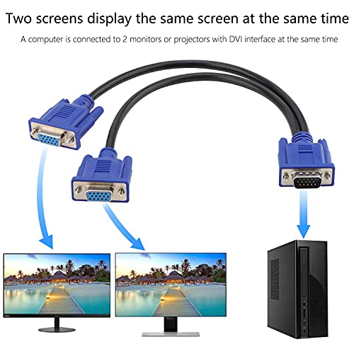 PASOW VGA Splitter Cable Dual VGA Monitor Y Cable 1 Male to 2 Female Adapter Converter Video Cable for Screen Duplication - 1 Feet (No Screen Extension)