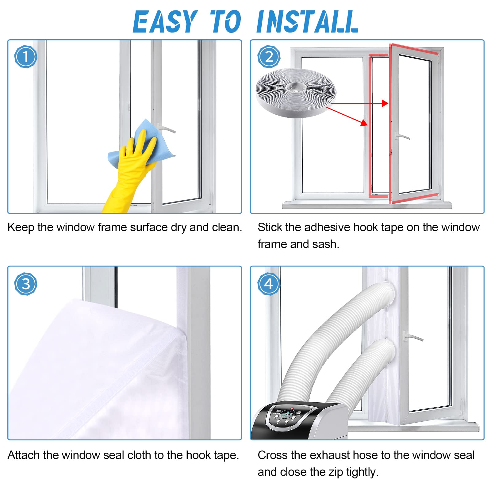 560CM/220" Universal Window Seal for Portable Air Conditioner- Casement Window AC Adapter Portable AC Window Cloth Seal Air Exchange Guards Kit with Zipper to Keep Indoor Cool for a Long Time(White)