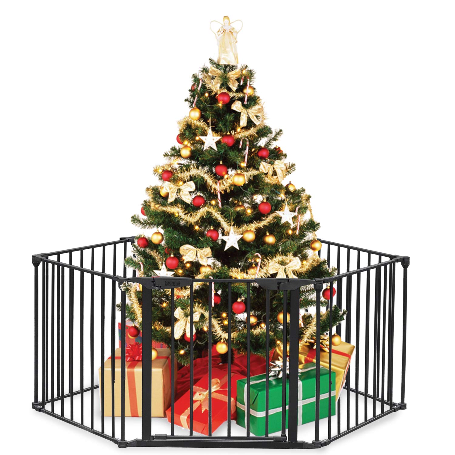 Bonnlo 119 Inch Extendable Dog Gate for Wide Doorways, Fireplace Gate Hearth Gate Indoor Extra Wide Gate, Wall Mounted Black