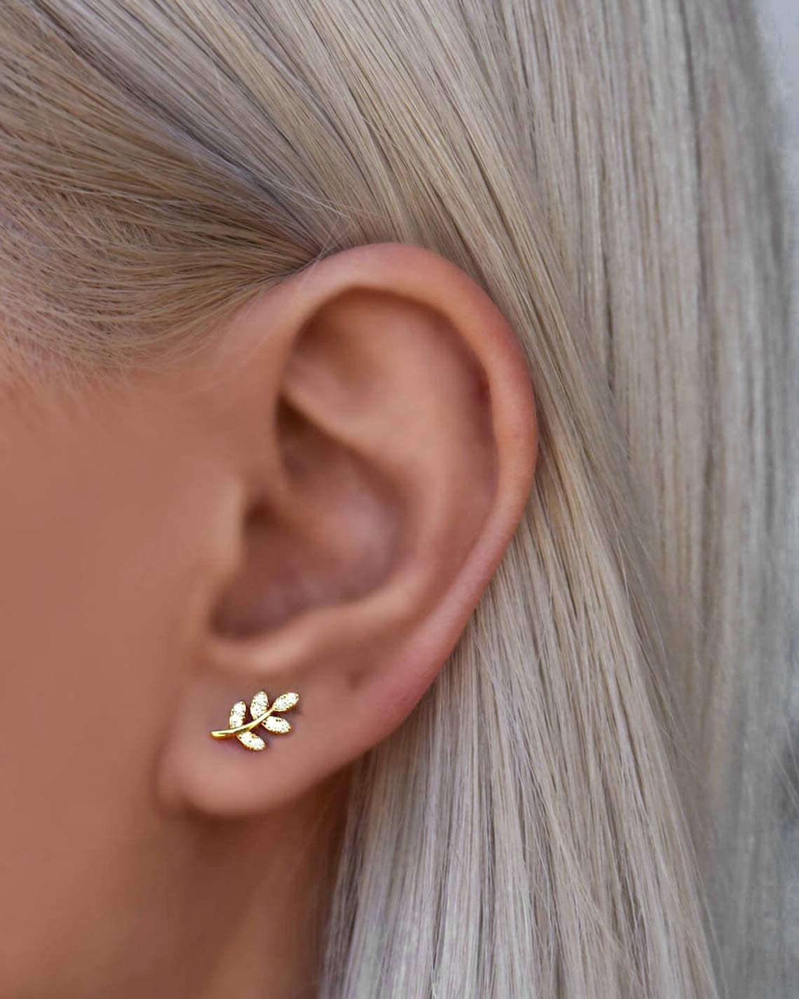 14K Gold Plated 925 Sterling Silver Small Cubic Zirconia Leaf Earrings Hypoallergenic Cute Dainty Mothers Day Stud Earrings for Women Sensitive Ear