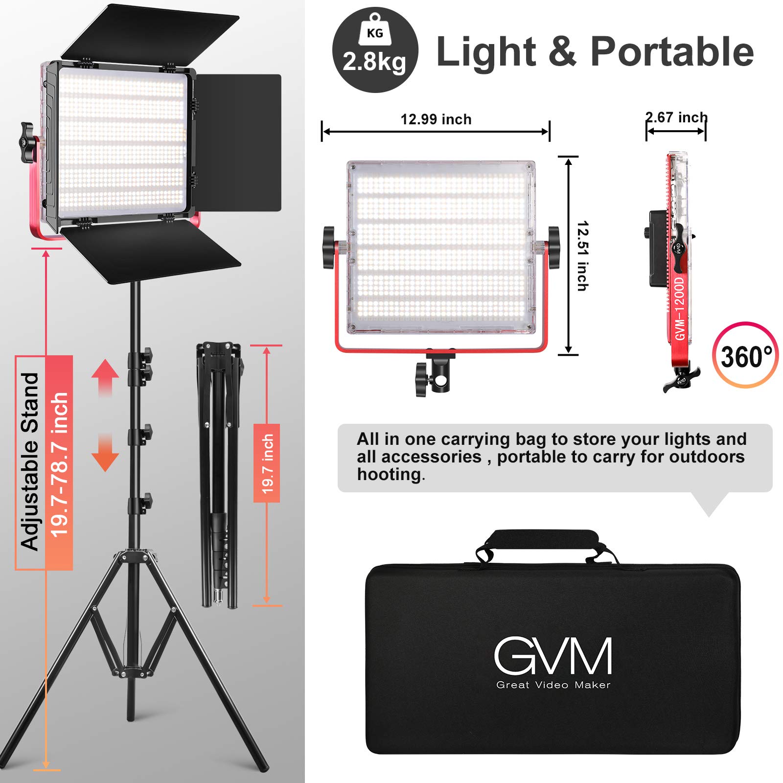 GVM 1200D RGB LED Video Light, 50W Video Lighting Kit with APP Control, 3200K-5600K Photography Lighting kit for Studio, Aluminum Alloy Shell,CRI 97