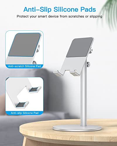 Cell Phone Stand, OMOTON Angle Height Adjustable Phone Holder, Aluminum Desktop Phone Dock for Desk, Compatible with iPhone 13/Mini/Pro/Max, All Smartphones and Tablets(4-11''), Silver