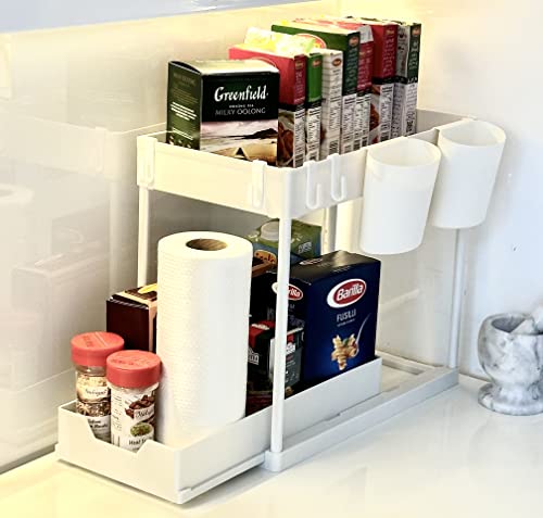 2 Tier Storage Organizer Multi-purpose Under Cabinet Bathroom Under Sink Organizers and Storage White Under Sink Storage for Bathroom Kitchen