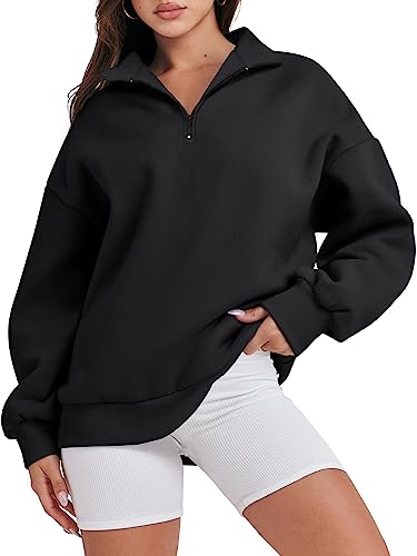 ANRABESS Womens Oversized Hoodies Half Zip Pullover Long Sleeve Sweatshirts Quarter Zip Sweaters Trendy Outfits Teen Girls Fall Lightweight Casual Loose Y2K Tops Clothes 1018heise-XL Black