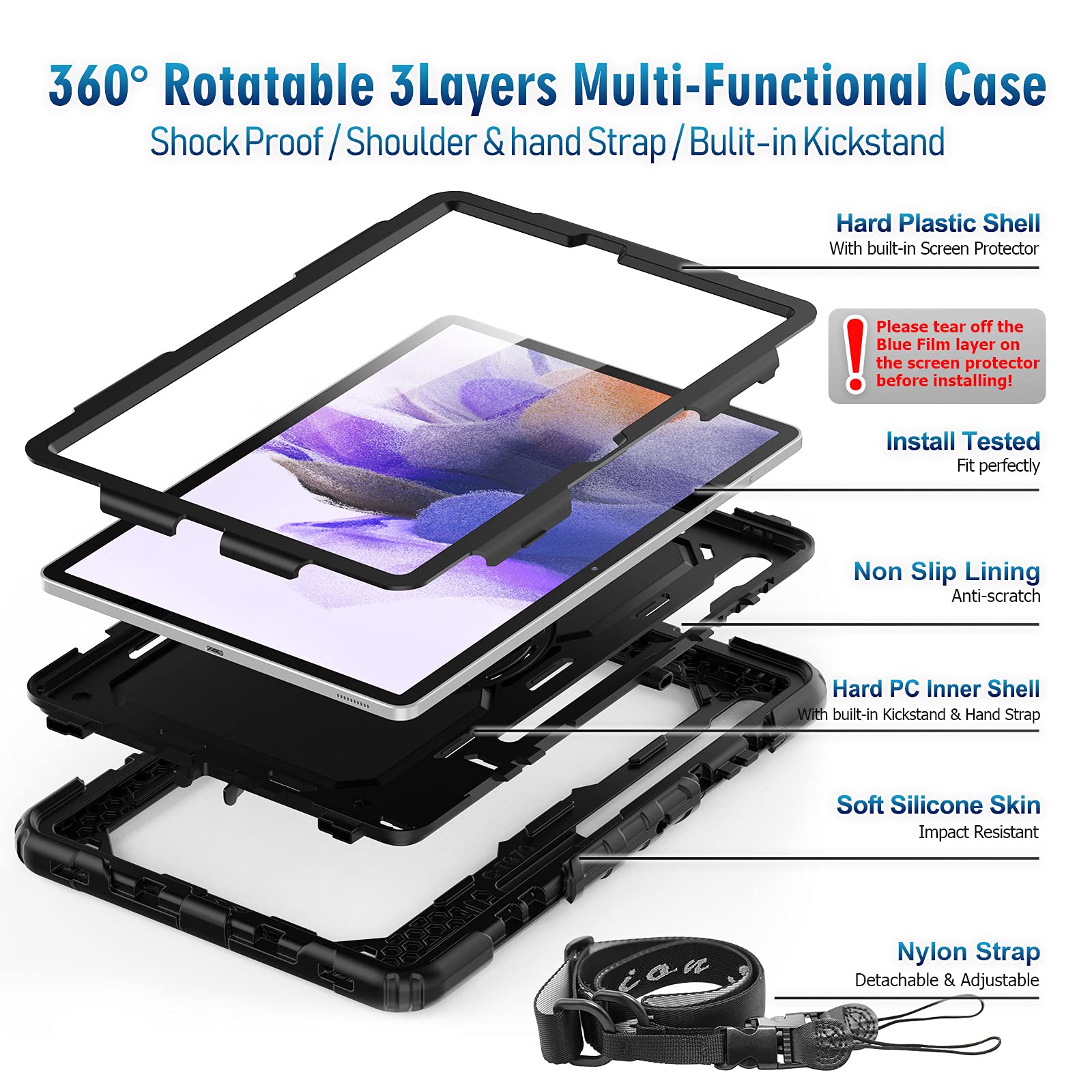 timecity Case for Samsung Galaxy Tab S8 Plus/ S7 FE 5G Case 12.4'' with Screen Protector & 360° Swivel Kickstand & Hand Shoulder Strap Case for Galaxy Tab S7 FE/ S8 Plus/ S7 Plus 12.4 inch -Black