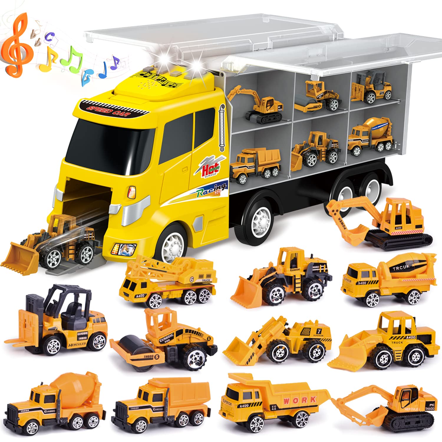 12 in 1 Construction Truck Toys Set for Toddlers, Carrier Truck with 12 Mini Cars for Kids,Transport Trucks Toy with Light and Sound,Christmas Birthday Cars Toy Gift for Boys Age 3-7
