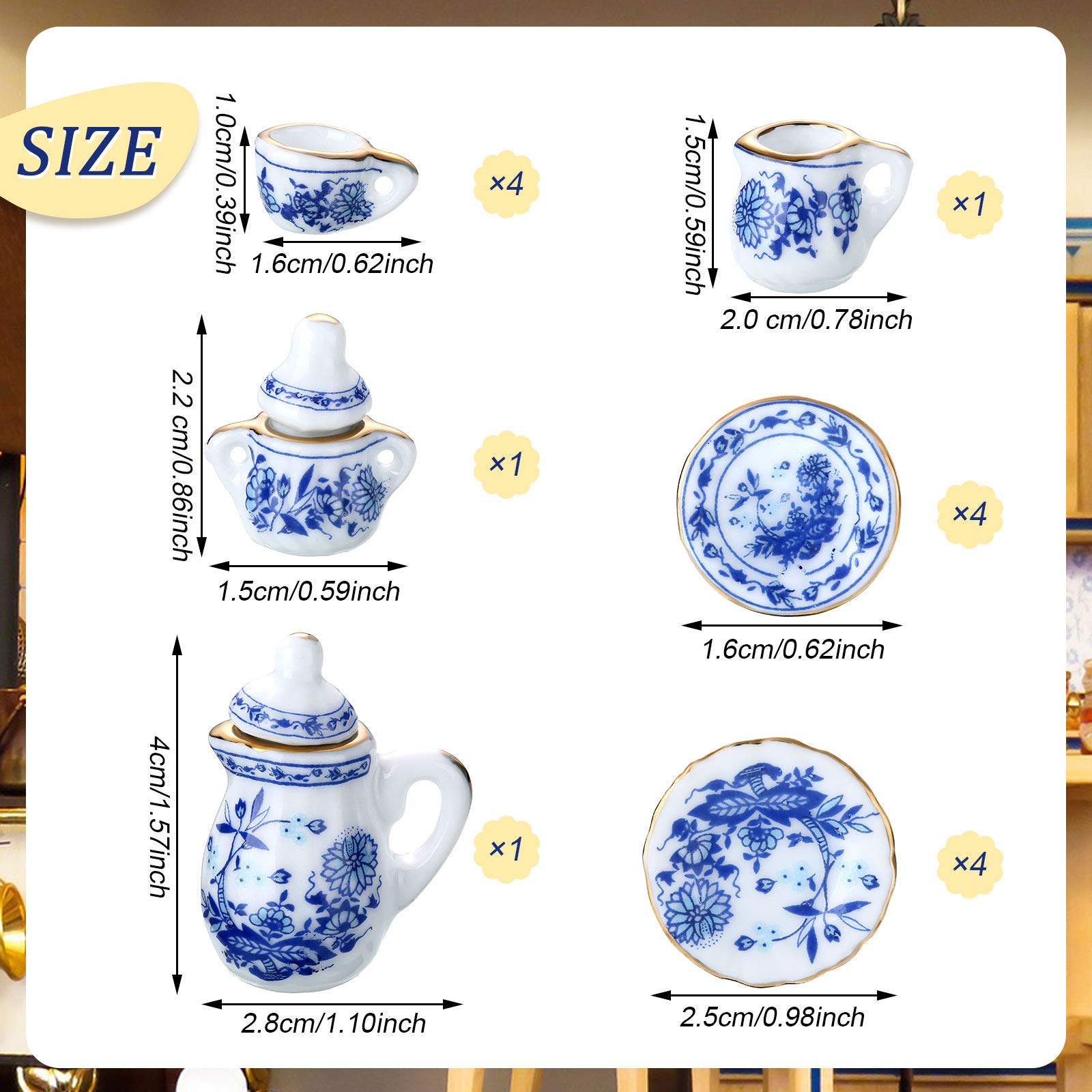 37 Pieces 1:12 Scale Miniatures Dollhouse Kitchen Accessories Include 16 Mini Doll Plates Knife Fork Spoon, 6 Mini Egg Beater Utensil, 15 Mini Tea Cup Set for Doll Toy Supplies (Blue Porcelain)