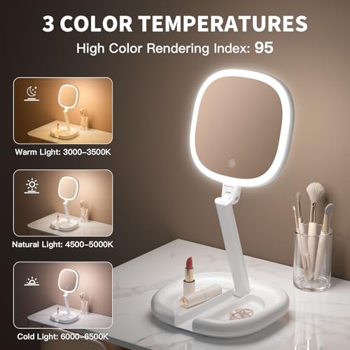 Beautifive Makeup Mirror with Light and Magnification, 10X/1X Light Up Makeup Mirror Travel Lighted Make Up Mirror with Adjustable Height Double Sides Folding Magnifying Mirror with Light