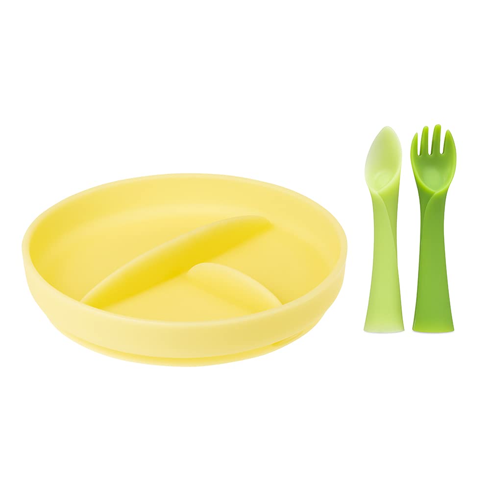 Olababy Training Fork, Training Spoon and Suction Plate(Lemon) Bundle
