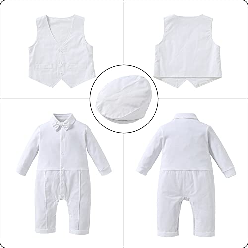 HOSUKKO Baptism Outfits for Boys, Long Sleeve One-Piece Romper & Vest & Beret & Bow Tie Sets, Infant Baby Boy Christening Outfit (White,6-12M)