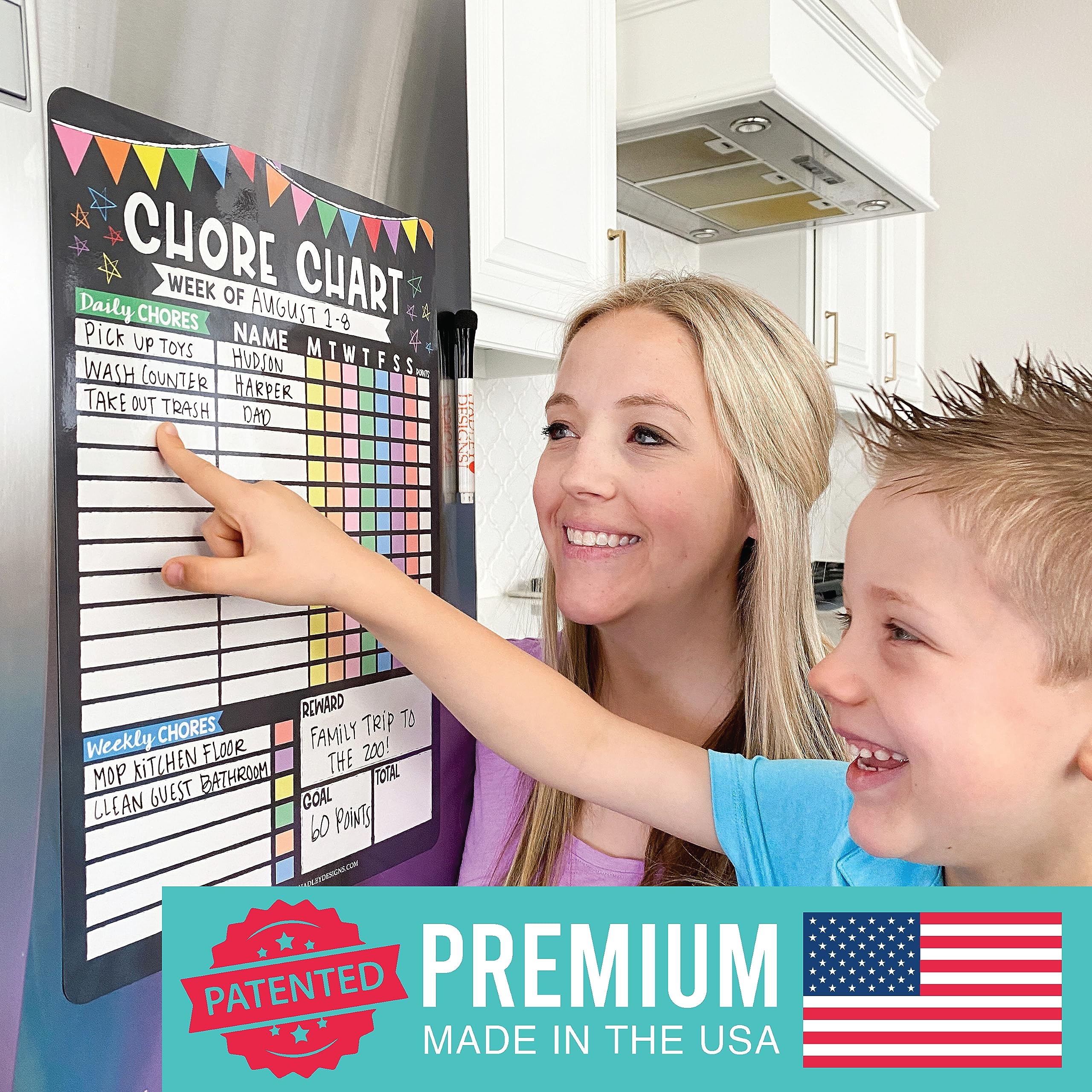 Hadley Designs Magnetic Chore Chart for Kids-12"x17" Reusable Dry Erase Responsibility Chart for Multiple Kids-Weekly Family Organizer with Reward System and Bonus Chore Guide