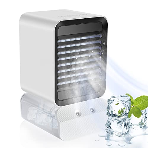 aceyoon Portable Air Conditioner Fan, Evaporative Personal Air Cooler for Small Space, Desktop Mini USB Cooling Fan Humidifier with 3 Speeds and 7 Colors LED Light for Home, Office, Dorm, Camping