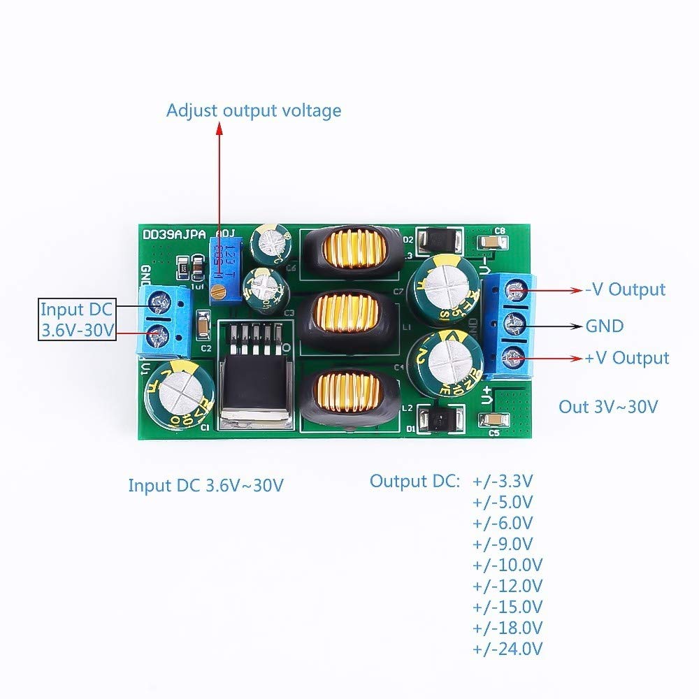 Boost Buck Voltage Converter, DC-DC 5V-24V to +/-3V-30V Step UP Down Power Supply Module Adjustable 20W Positive Negative Dual Output Voltage Charging Converter for Amplifier