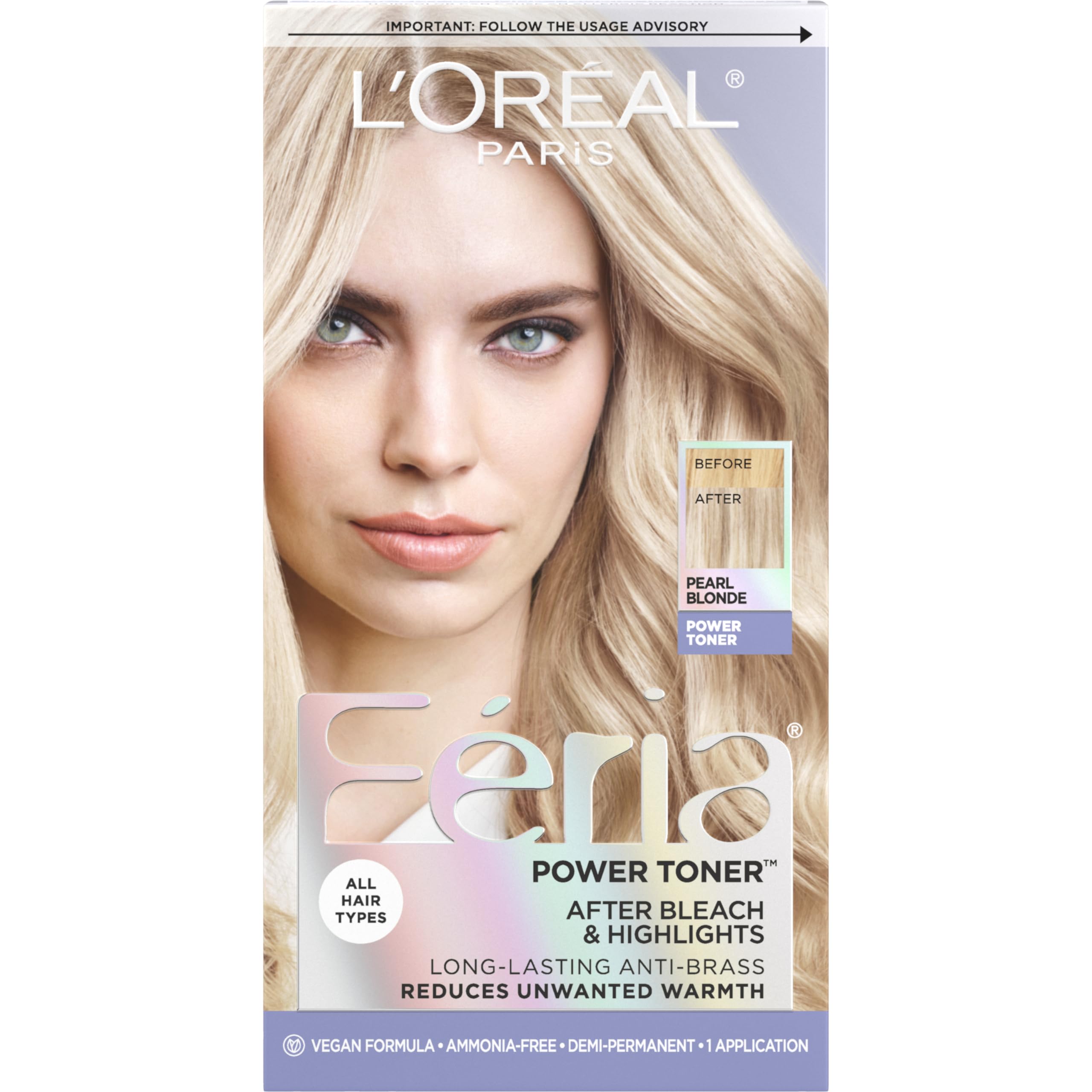 LâOrĂ©al Paris Feria Long-Lasting Anti Brass Power Hair Toner, Ammonia Free Demi Permanent Hair Color, Pearl Blonde Hair Toner, 1 Application